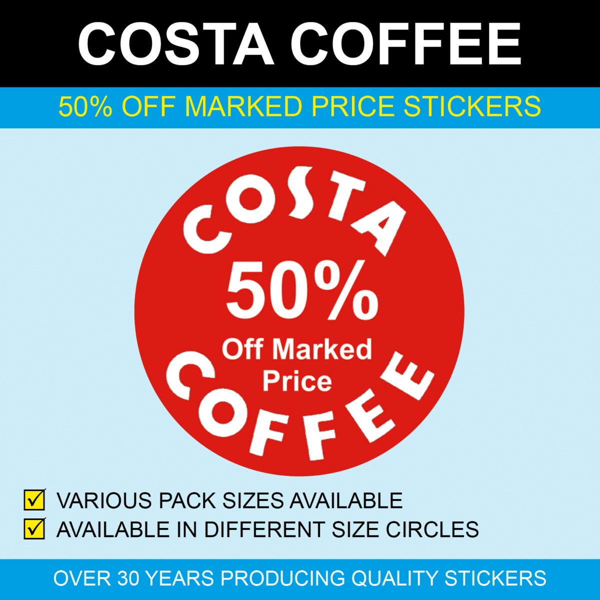 Costa Coffee 50% Off Marked Price Stickers - Price Stickers