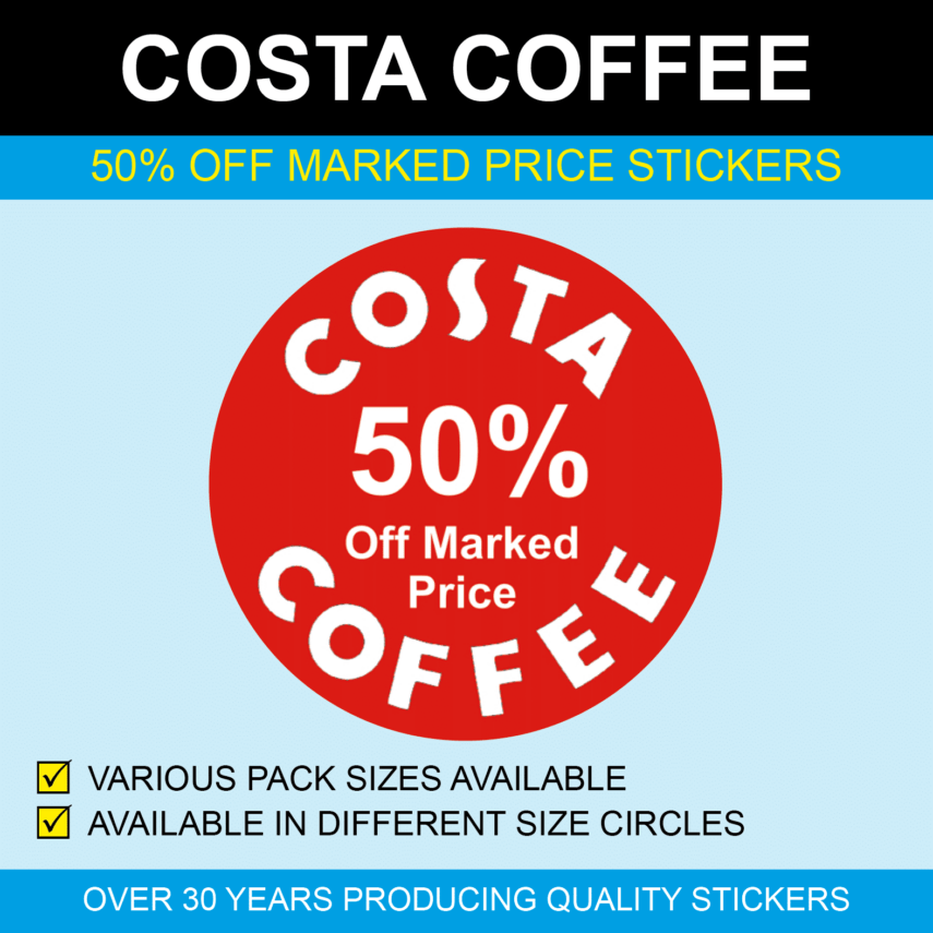 Costa Coffee 50% Off Marked Price Stickers - Price Stickers